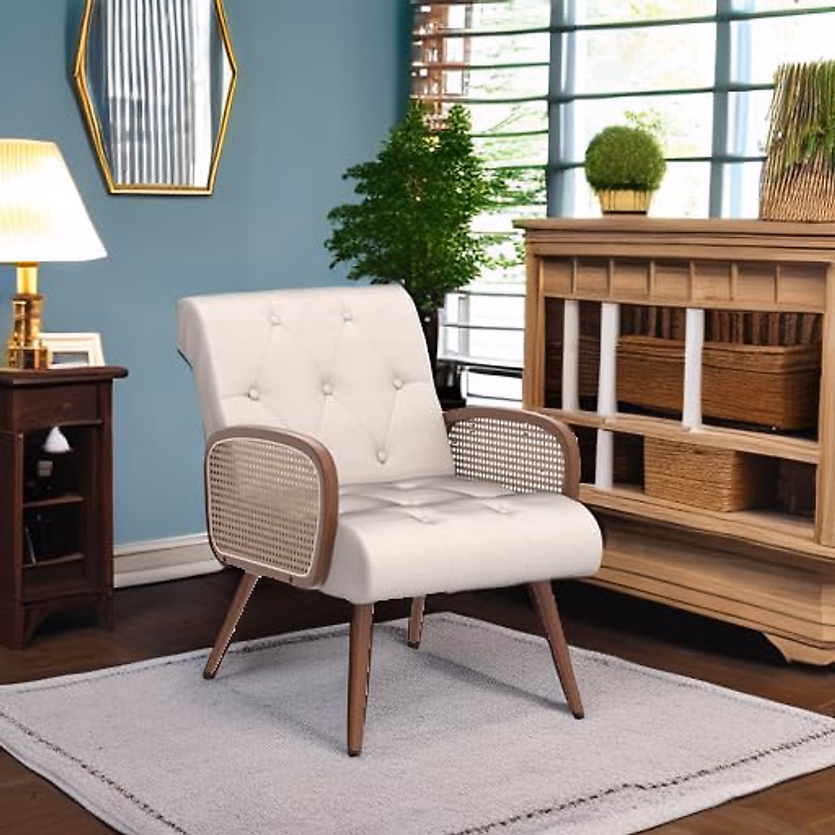 POINTANT Rattan Accent Chair Modern Chair with Rattan Arms Reading Side Mid Century Chair Living Room Chair Boho Chair with Wooden Frame for Home Bedroom Beige