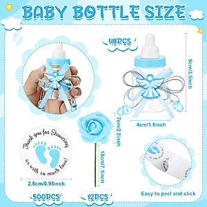 Vesici 61 Pcs Boy Baby Shower Party Favors Set, 48 Plastic Mini Angel Baby Bottles with 1 Roll Thanks Sticker 12 Artificial Roses for Newborn Baptism Baby Shower Party Decorations Gift for Guests