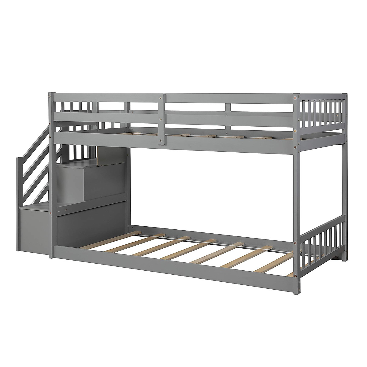 Flieks Bunk Bed with Storage Staircase, Twin Size Bunk Bed for Kids, Teens, No Box Spring Needed (Gray)