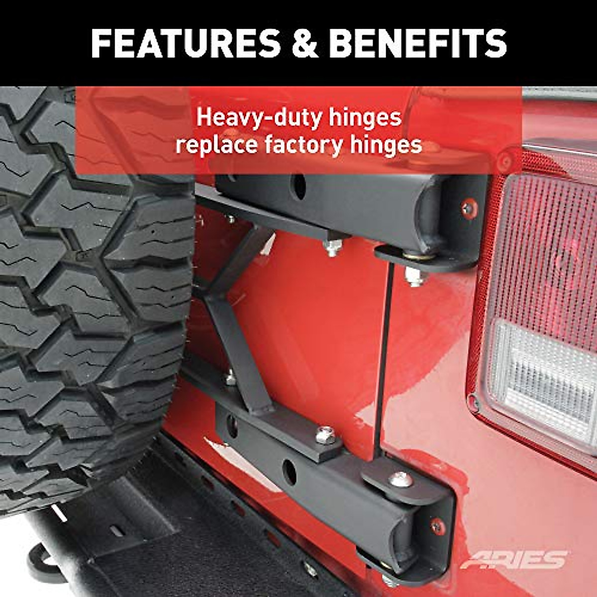 ARIES 2563000 Jeep Wrangler JK Heavy-Duty Adjustable Rear Door Spare Tire Carrier for Up to 37-Inch Wheels