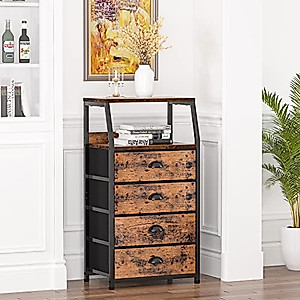Furnulem Tall 4 Drawers Dresser, Vertical Storage Tower Fabric Dresser for Bedroom, Hallway, Entryway, Nursery, Closet Organizer, Nightstand Bedside Table Furniture, Sturdy Steel Frame, Wood Top
