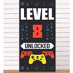 Level 8th Unlocked Happy 8th Birthday Level Up Banner Backdrop Background Photo Booth Props Video Games Gamepad Theme Decor for Boys Girls 8th Birthday Party Favors Supplies Decorations