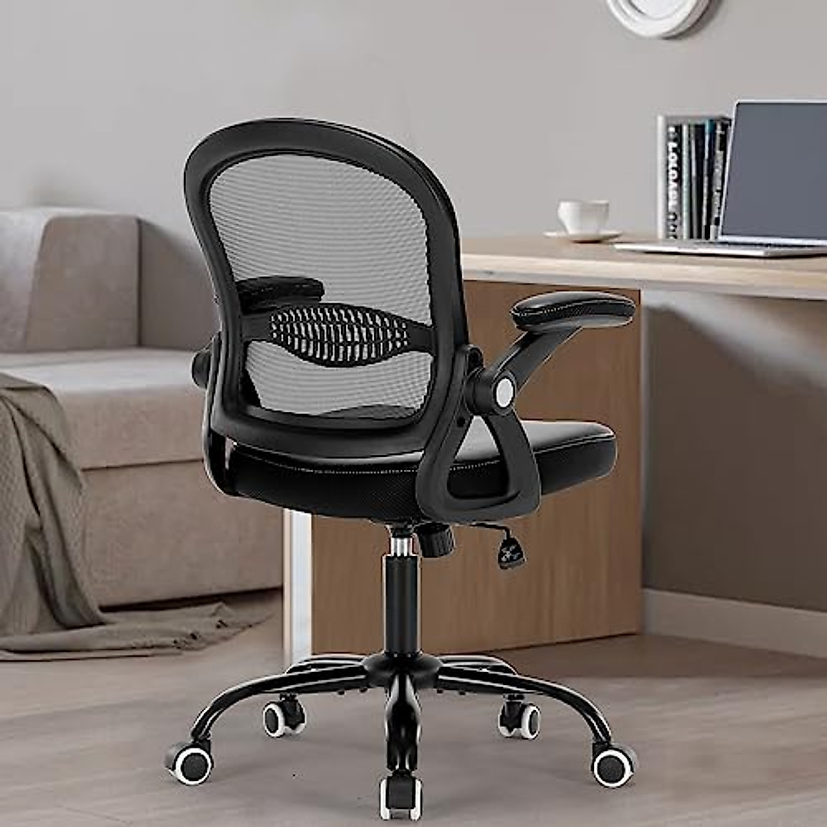 Office Chair,Ergonomic Home Desk Chairs,PU Leather Thick Cushion Mesh Office Chairs,Adjustable Executive Task Chair with Flip-up PU Armrests,360° Swivel Computer Chairs,Black