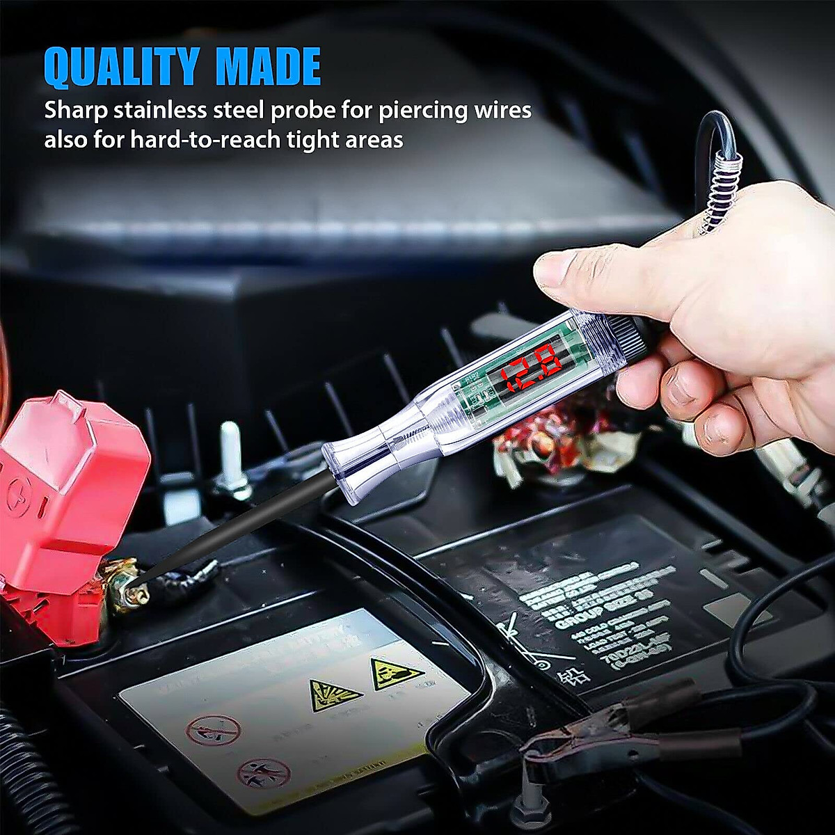 Car Truck Circuit Test Pen, 3-70V Digital Electric Circuit LCD Tester Test Light Car Truck Voltage Probe Pen, DC Voltage Test Light with Voltmeter & Portable Spring Wire (Black - (3-24V))
