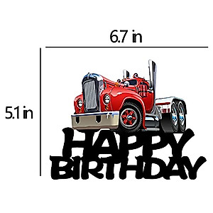 Heavy Truck Cake Topper Black Acrylic Transportation Theme Birthday Supplies, Heavy Truck Happy Birthday Cake Topper for Kid's Boy's Men' Birthday Party Decorations（Red）