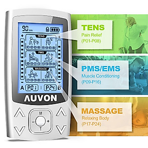AUVON Dual Channel TENS EMS Unit 24 Modes Muscle Stimulator for Pain Relief, Rechargeable TENS Machine Massager with 12 Pads, ABS Pads Holder, USB Cable and Dust-Proof Storage Bag