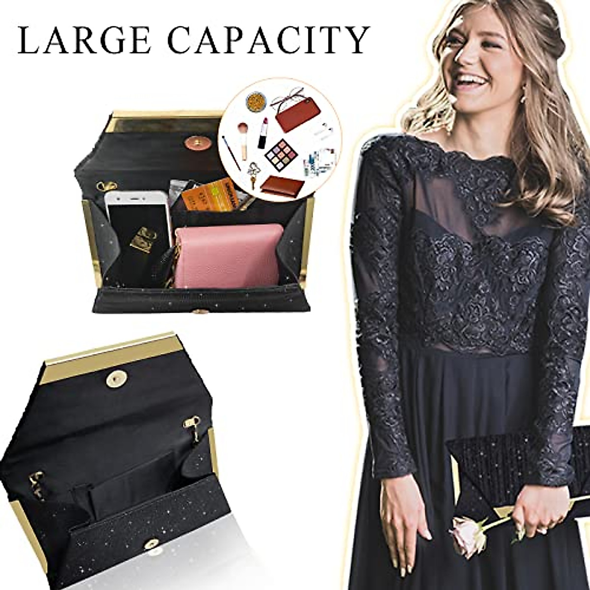 Clutch Purses for Women Wedding Evening Bags, Sparkly Envelope Bride Clutches - Formal Party Handbags with Detachable Chain