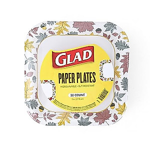 Glad Everyday Square Disposable Paper Plates with Falling Foliage Design, Small | Cut-Resistant, Microwavable Paper Plates for All Foods & Daily Use | 7 Inches, 30 Count