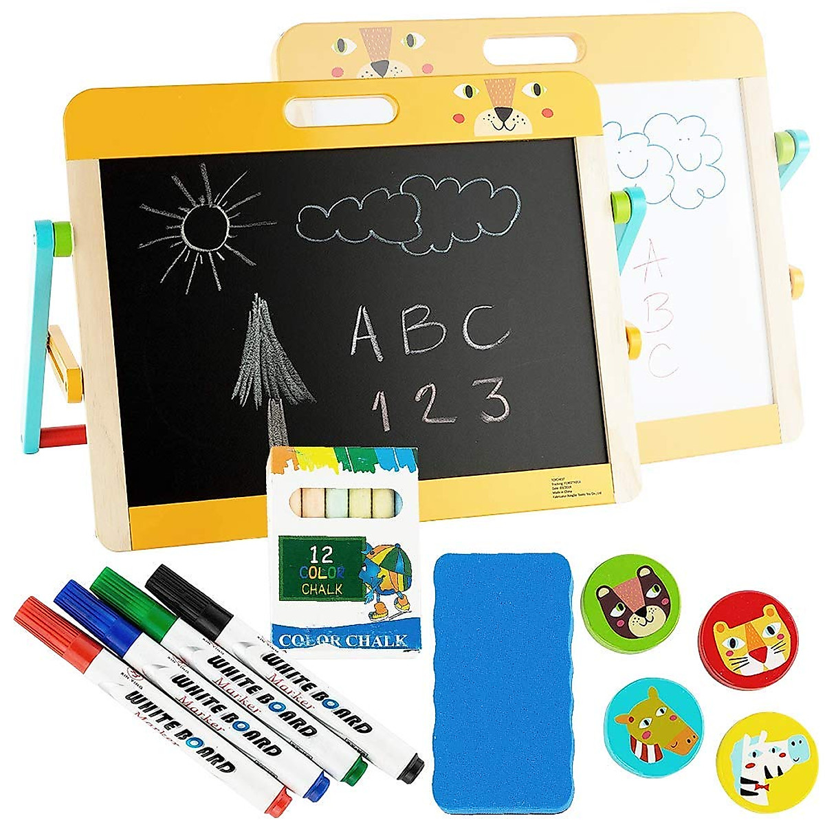 Children's Wooden Tabletop Easel with Double-Sided Magnetic Whiteboard & Chalkboard, Arts & Crafts Portable Easel Includes Dry Erase Marker, Chalk, Magnetic Letters & Extra Magnets, Ages 3 and Up