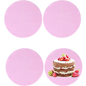 4PCS Silicone Baking Mats, Round Silicon Baking Mat with Measurements Non-slip Pastry Mat Non-stick Heat Resistant Cake Mat for Cake Turntable Stand Reusable Silicone Mat for Baking Pan, Pink