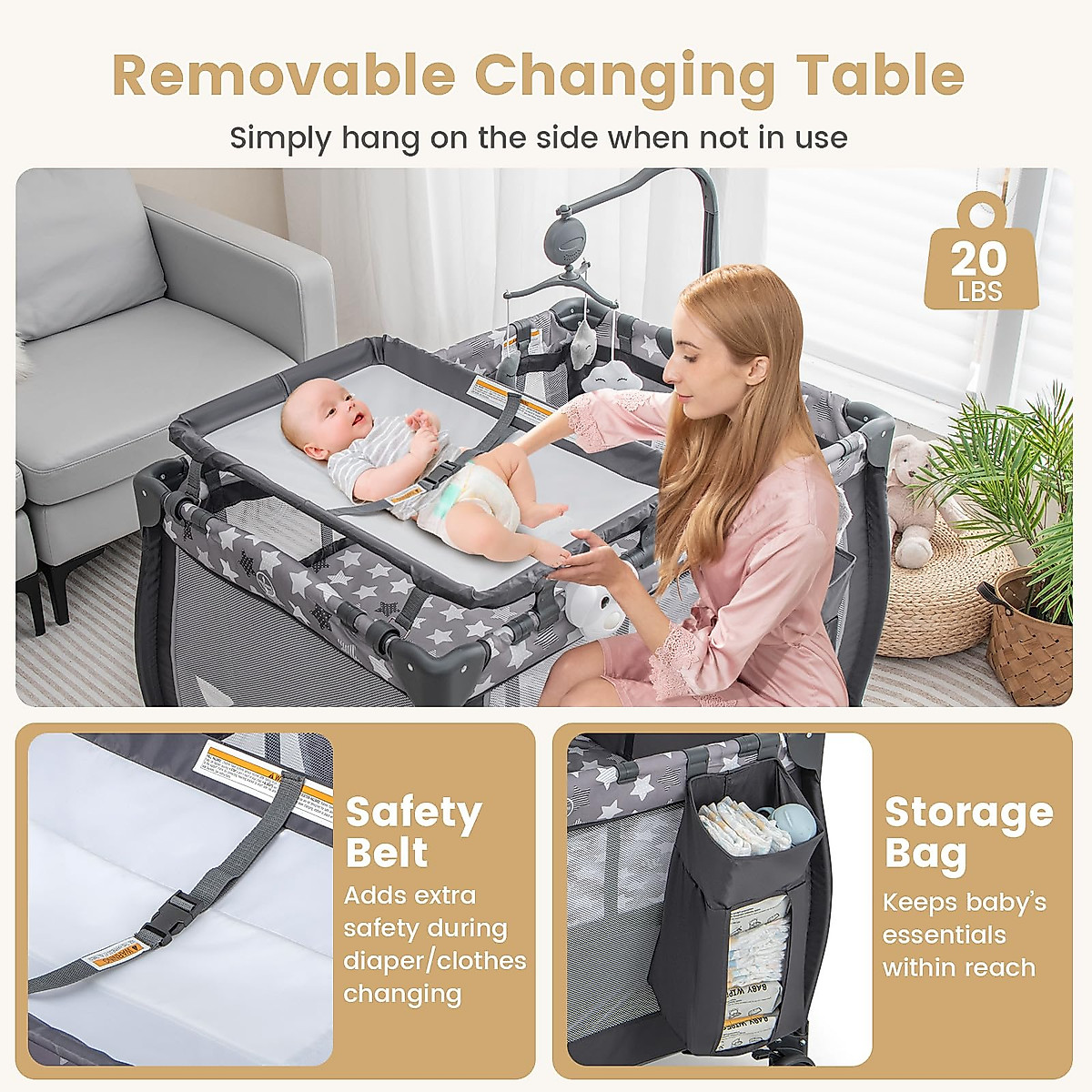 Costzon 3 in 1 Pack and Play with Bassinet, Portable Baby Playard with Changing Table, Bassinet, Music Box, Whirling Toys, Wheels/Brake, Large Basket, Bag, Foldable Travel Crib for Indoor Outdoor