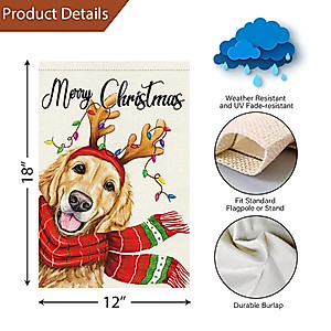 Louise Maelys Merry Christmas Garden Flag 12x18 Double Sided, Burlap Welcome Winter Christmas Golden Retriever Dog Garden Yard Flags for Xmas Outside Outdoor Decoration (ONLY FLAG)