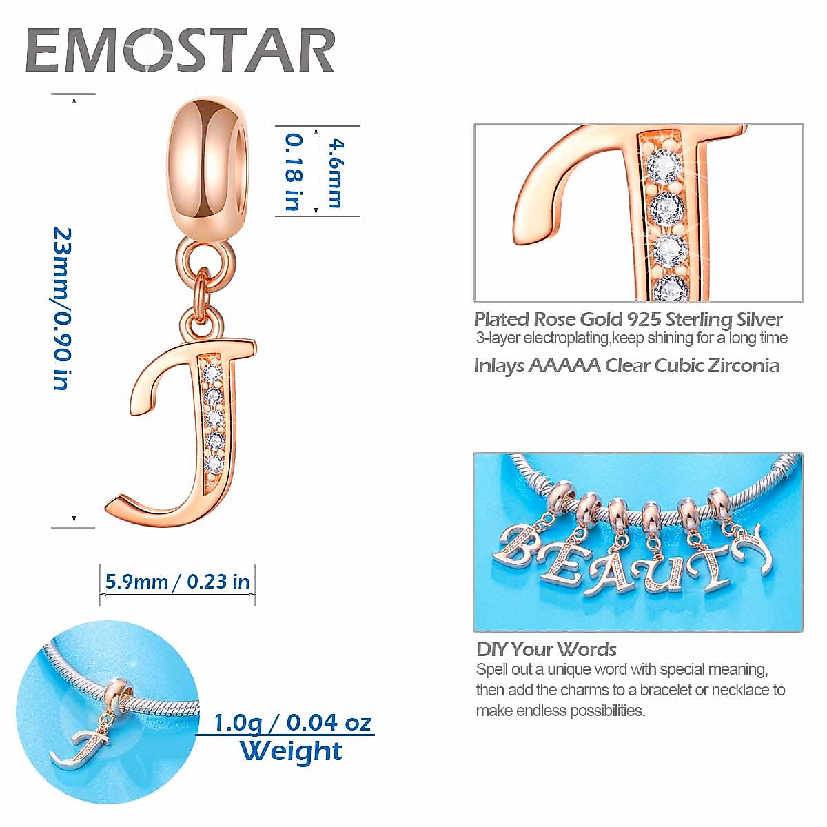 Letter J Charms Initial A-Z Alphabet Beads – Rose Gold 925 Sterling Silver Dangle CZ Birthstone fits Pandora Charm Bracelets, for Mothers Day Birthday Christmas Gifts