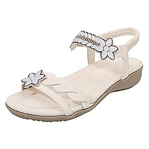 Sandals for Women Summer Flower Sandals Casual Beach Bohemian Sandals Open Toe Elastic Ankle Casual Shoes (White, 6.5)