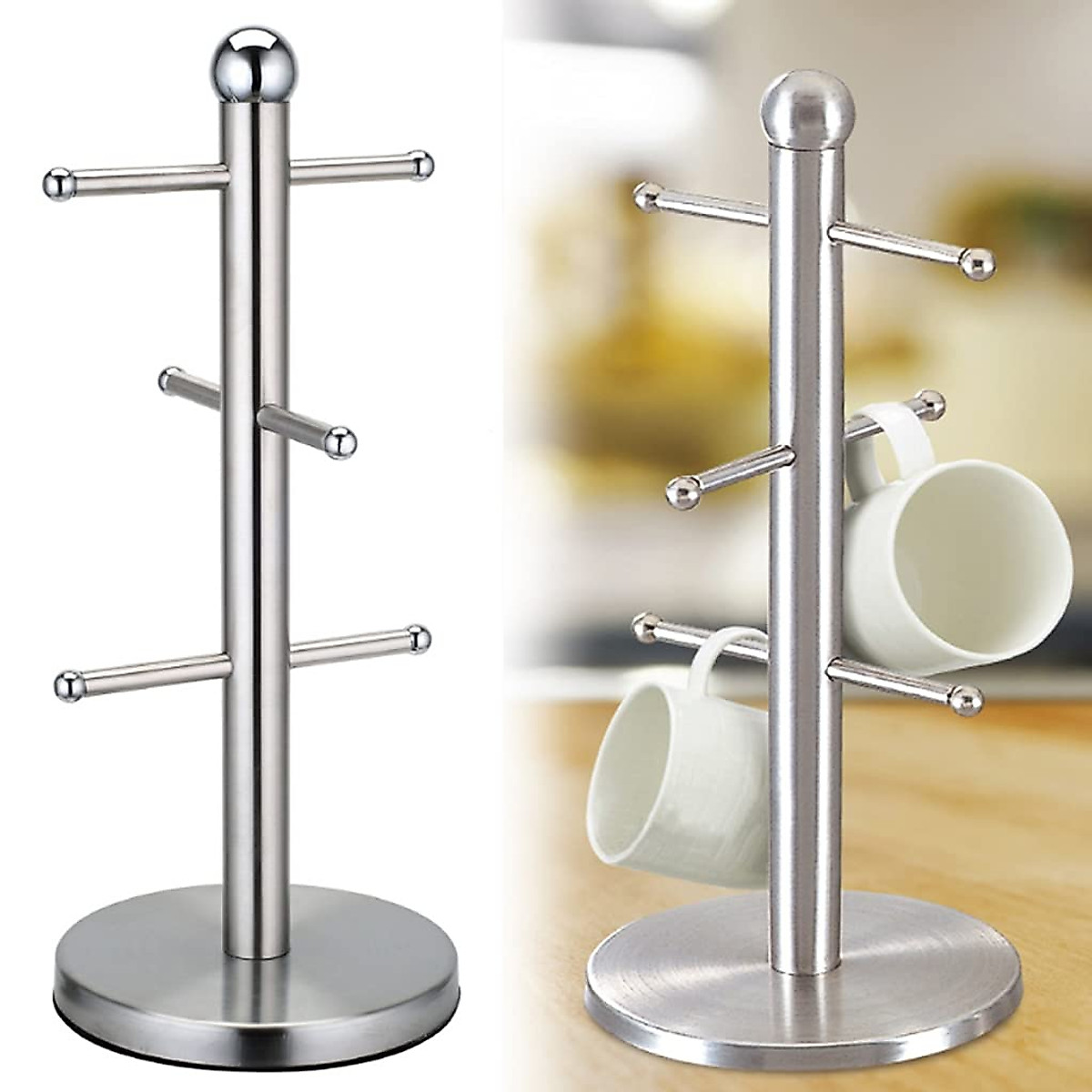 6 Cup Mug Tree Holder Tabletop Coffee Tea Kitchen Storage Rack Silver With Non-Sip Base Drinkware Shelf For Home Kitchen Mug Rack Tree Stainless Steel Countertop Stand Cabinet Holder Shelf Coffee Cup