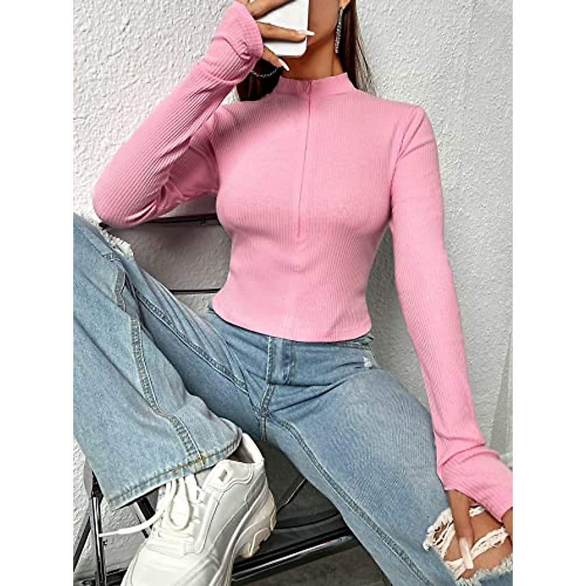 SOLY HUX Women's Zip Up Mock Neck Long Sleeve Crop Tops Casual Tee T Shirts with Thumb Hole Solid Pink S
