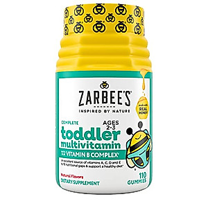 Zarbee's Toddler Vitamins, Complete Multivitamin with Vitamin A, C, D3 & B-complex, Easy to Chew, Gluten, Soy, Nut & Dairy Free, Natural Fruit Flavors, 2-3 Years, 110 Count