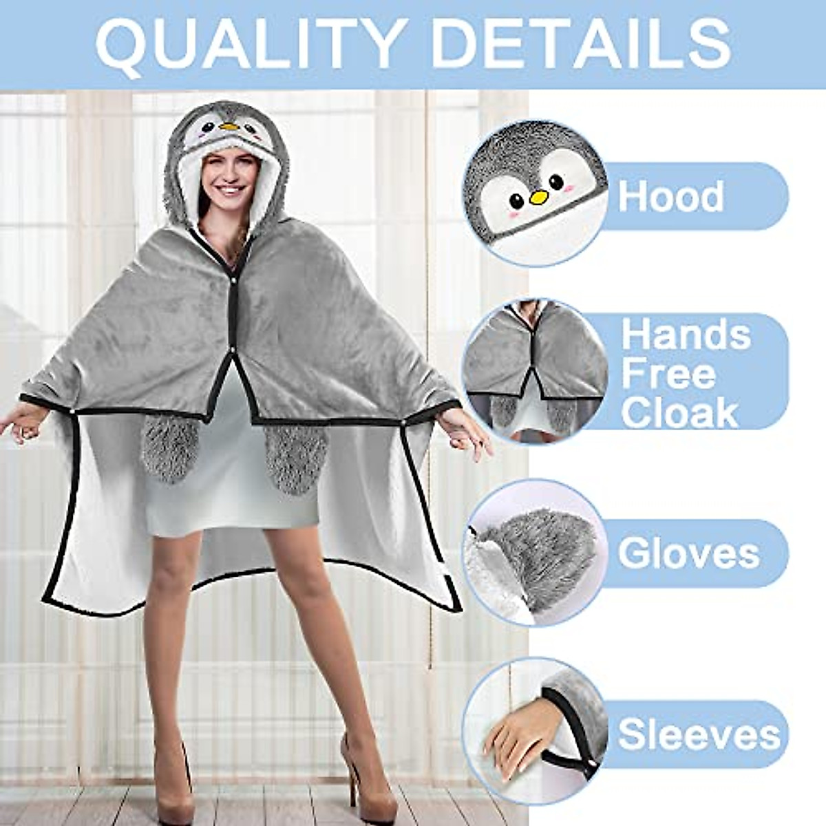 Penguin Wearable Hooded Blanket for Adults – Super Soft Warm Cozy Plush Flannel Fleece & Sherpa Hoodie Throw Cloak Wrap - Penguin Gifts for Women Adults Girls and Kids