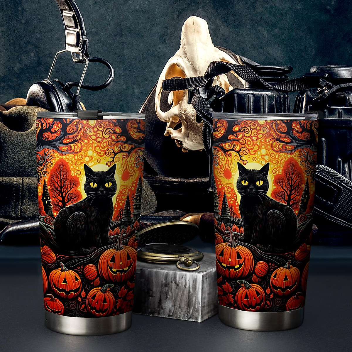 ORCAE 20oz Halloween Pumpkin Ghost Black Cat, Gifts for Cat Lovers, Halloween, Trick or Treat Gifts, Coffee Thermos, Stainless Steel Double Wall Vacuum Insulated Coffee Mug, Travel Cup with Lid - O