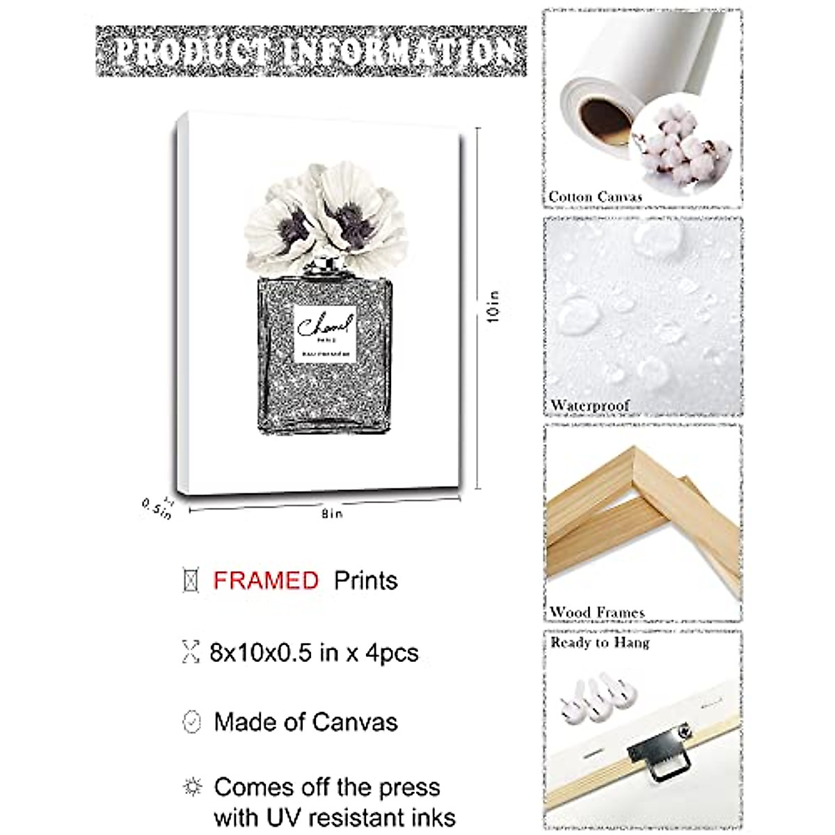 Glam Gray Fashion Wall Decor - Woman Makeup Framed Wall Art - Silver Girly Room Decor - Beauty Room Decor Pictures Arts for Office Bedroom Bathroom Wall Decor - Perfume Handbags High Heels Lipstick Wall Paintings Set of 4, 8x10 in (Framed)