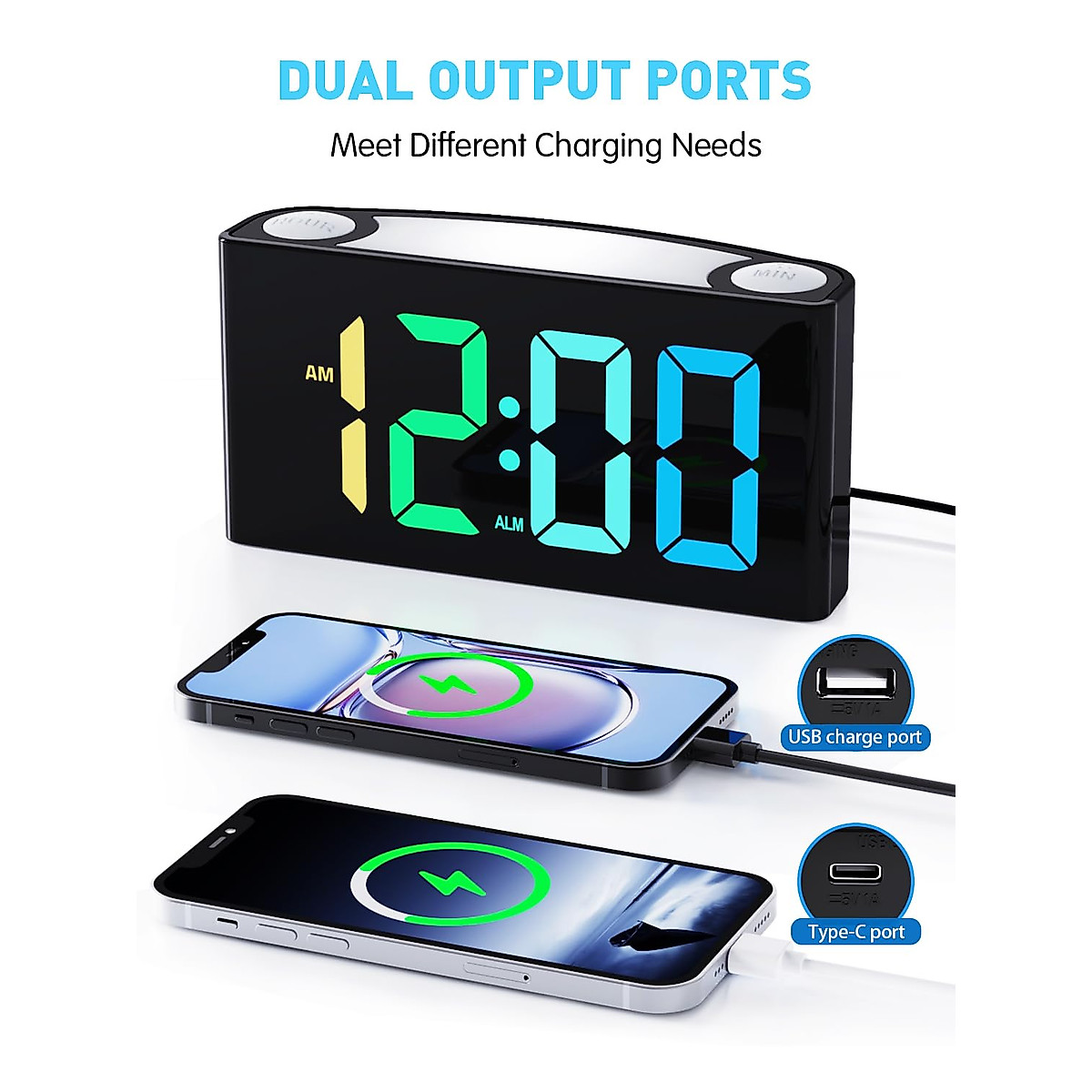 PPLEE RGB Digital Clock-Alarm Clocks for Bedrooms,Large Bold Number 7 Dimmers,Battery Backup Loud Alarm Clock,8 Modes Night Light,Dual Charger USB&Type-C,Bedside Desk Clock for Kid Adult Heavy Sleeper