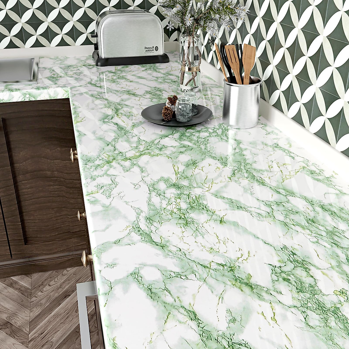 Green Marble Contact Paper for Countertops Vinyl Waterproof Kitchen Wall Paper for Cabinets Cyan Peel and Stick Wallpaper Decorative Peel and Stick Countertops Contact Paper for Table Desk 24''x118''