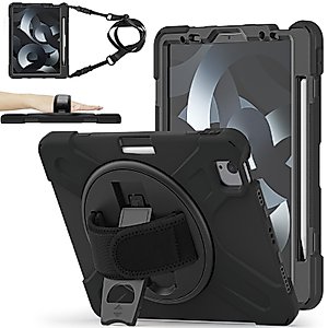 ZenRich iPad Air 5th Generation Case 2022, iPad Air 4th Generation 10.9 inch Case with Pencil Holder/Stand/Hand Strap/Shoulder Belt, Shockproof Case for iPad Air 10.9'',Black