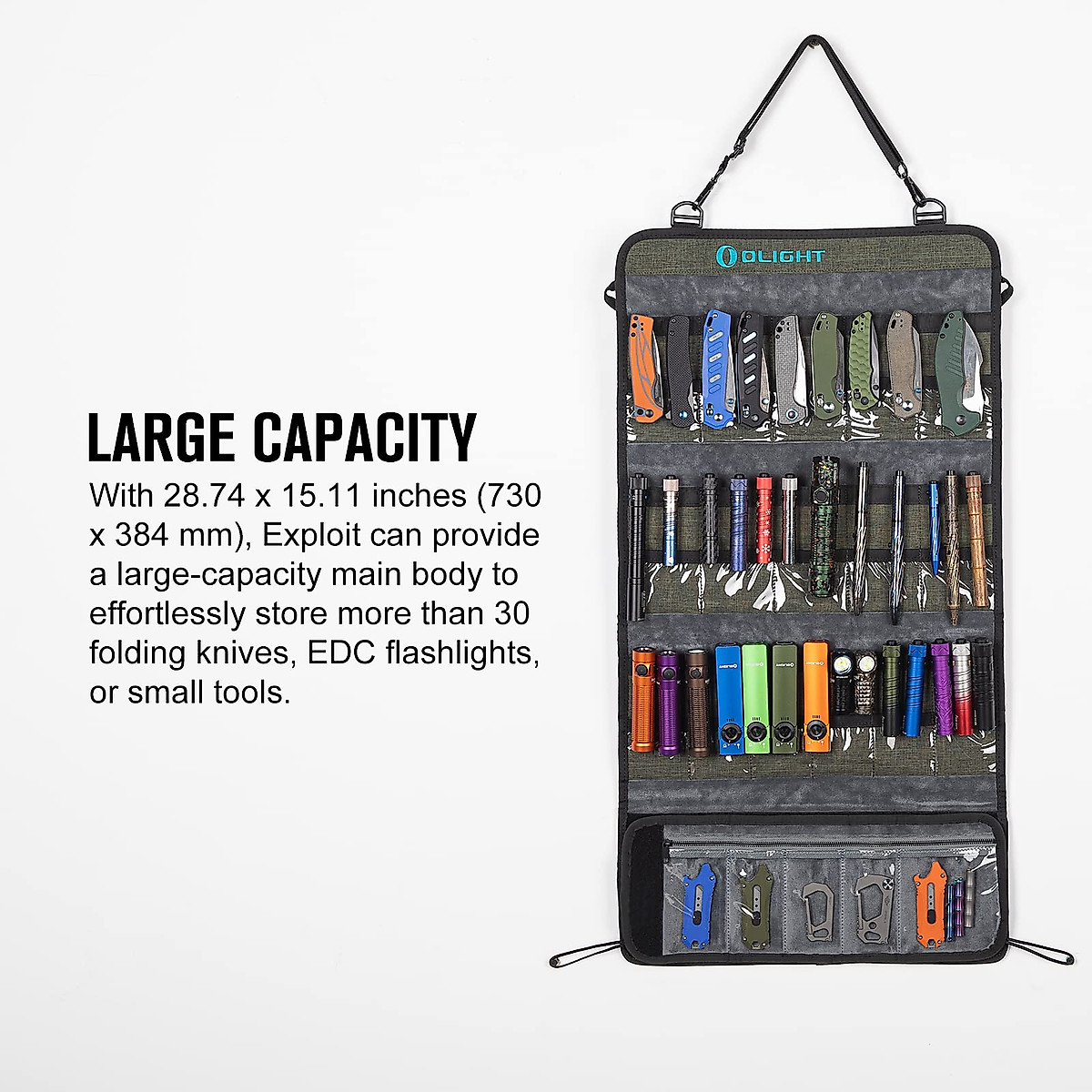 OLIGHT Exploit Multifunctional Knifebag, EDC Display Storage Bag with Detachable Pouch, Double-Layer Large-Capacity Organizer with 20 Slots for Pocket Flashlights and EDC Tools (ODG)