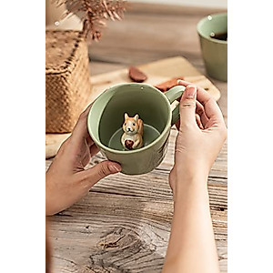 DIHOclub Squirrel Ceramic Cup Hidden 3D Animal Inside Mug,Cute Cartoon Handmade Figurine Mugs,Holiday and Birthday Gift for Coffee Milk Tea Lovers,12 OZ(Light Green)