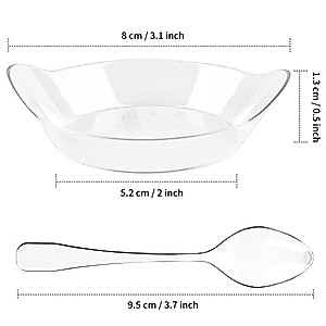 Qeirudu 100 Pack 1 oz Mini Dessert Plates, 3-1/8 x 2-5/8 Inches Small Clear Appetizer Plates with Spoons for Serving Hors D'oeuvres, Cheesecake, Strawberry, Chocolate Truffles