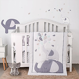 HUPO 6 PC Elephant Crib Bedding Sets for Baby Boys,Grey/White Crib Set with Crib Skirt/Quilt/Crib Sheet/3 Wall Stickers