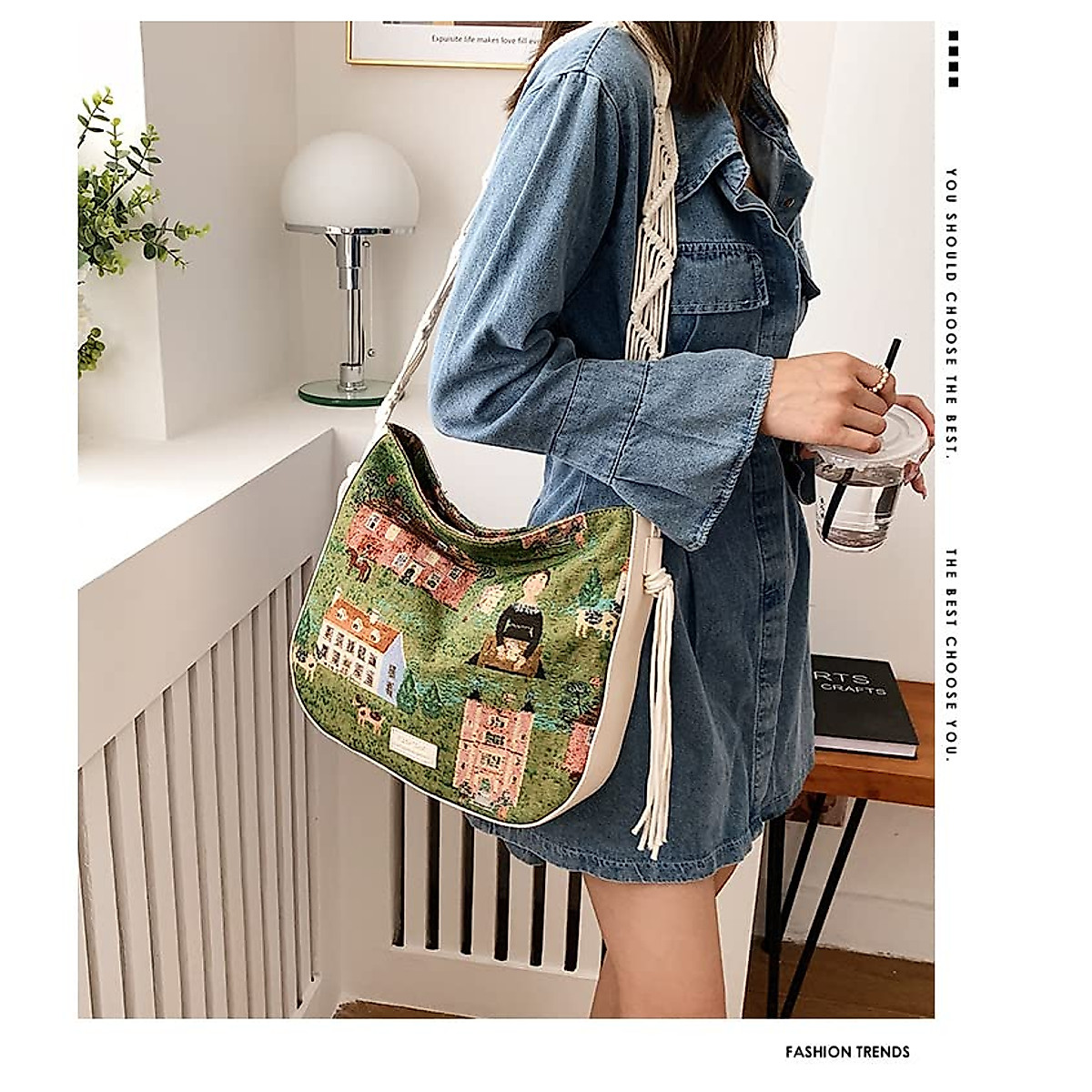 women aesthetic hippie cute tote bag canvas green shoulder bag small kawaii side crossbody bag satchel purse bags for school