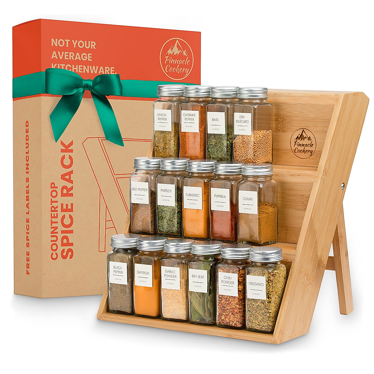 Pinnacle Cookery Bamboo Spice Rack Organizer For Countertop – Eco Friendly Seasoning Organizer 3-Tier Spice Shelf – Space Saving Wooden Spice Rack