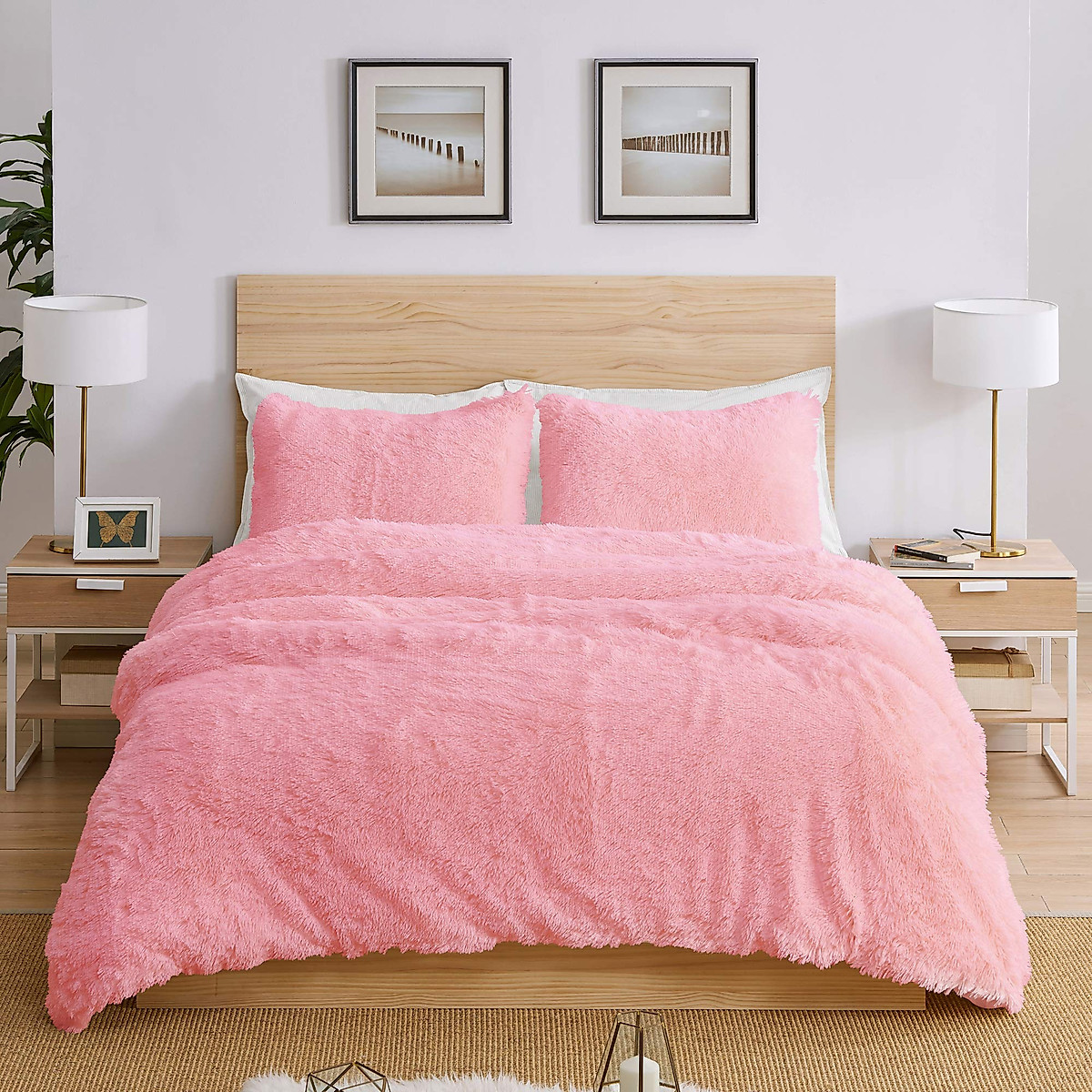 Sweet Jojo Designs Boho Chic Bohemian Pink Fuzzy Faux Fur Plush Duvet Comforter Cover and Sham 3 pc. Soft Shaggy Fluffy Full/Queen Size Bedding Set Luxury College Dorm Teen