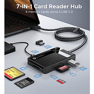 SD Card Reader USB 3.0, WARRKY [2.5FT Nylon Braided, Extra USB 3.0 Ports, 5Gbps] 7 in 1 Memory Card Reader, Micro SD Card Adapter for microSD, SDXC, SDHC, CF, MS, MMC, Micro SDXC/SDHC, UHS-I, More