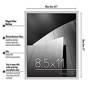 Americanflat 8.5x11 Picture Frame in Silver - Thin Border Frame with Shatter Resistant Glass - Horizontal and Vertical Formats for Wall and Tabletop