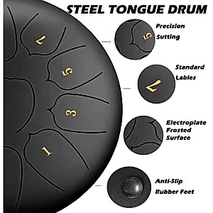Steel Tongue Drum, CEOMO 11 Notes 10 Inch Percussion Instrument, D Key Tongue Drum For Kids And Adults Meditation Drum Musical Education Mind Healing Yoga Black