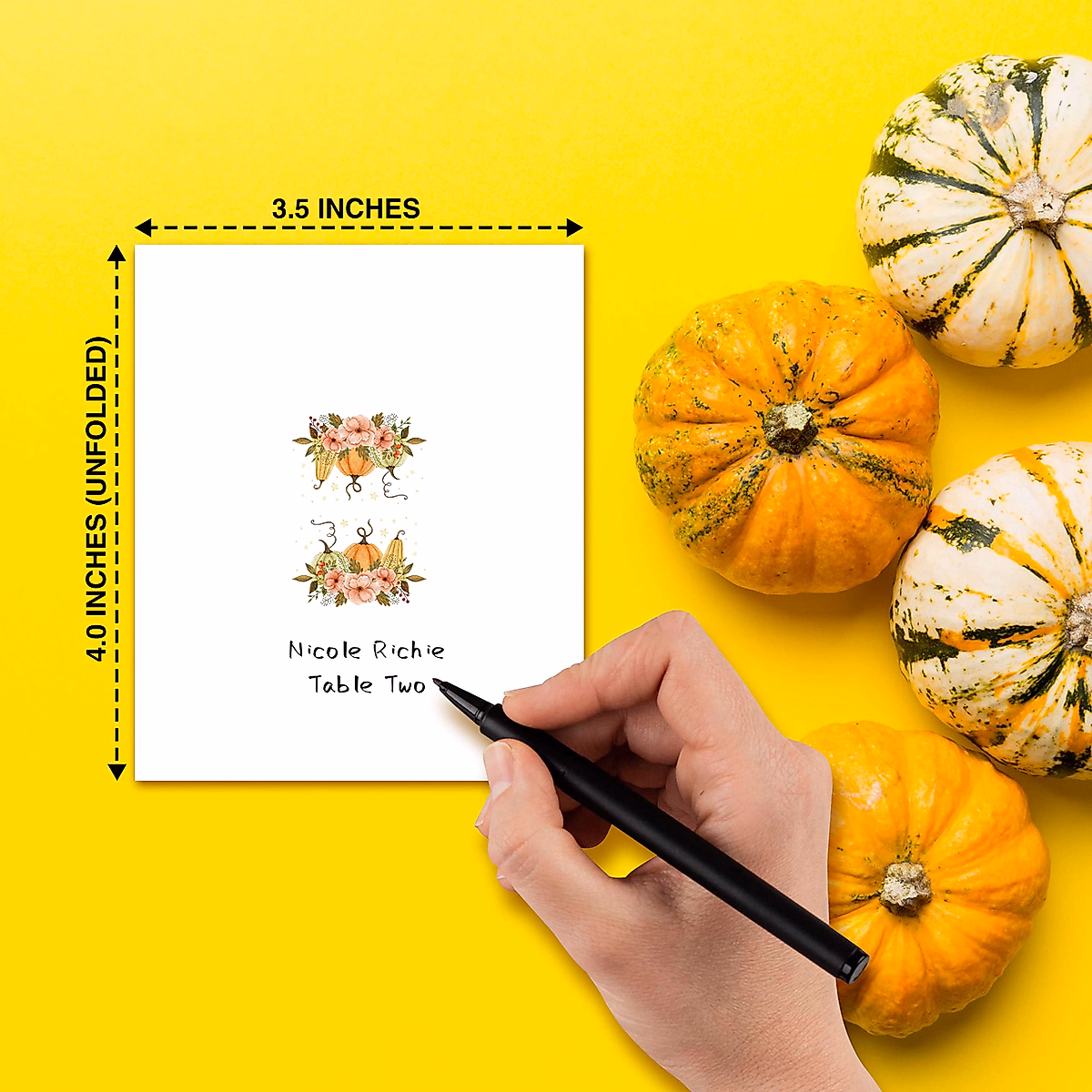Fall Thanksgiving Table Place Cards, Orange Pumpkin Blank Seating Place Card for Table, 25 Pack Buffet Food Tent Labels, Double Design Name Cards, Thanksgiving Day Party Decorations(01)