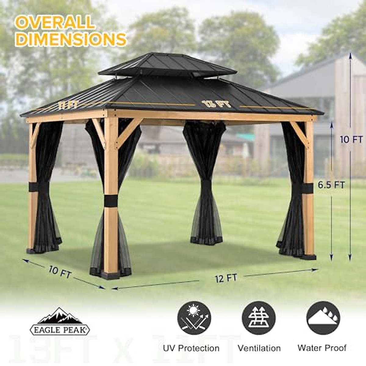 EAGLE PEAK 11x13 Hardtop Gazebo, Galvanized Steel Double Roof Gazebo with Cedar Wood Frame, Outdoor Pavilion with Netting for Patio, Deck, Lawn and Garden, Natural Wood/Black