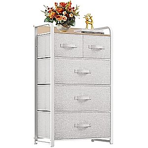 YITAHOME Fabric Dresser with 5 Drawers - Storage Tower with Large Capacity, Organizer Unit for Bedroom, Living Room & Closets - Sturdy Steel Frame, Wooden Top & Easy Pull Fabric Bins (Light Grey)