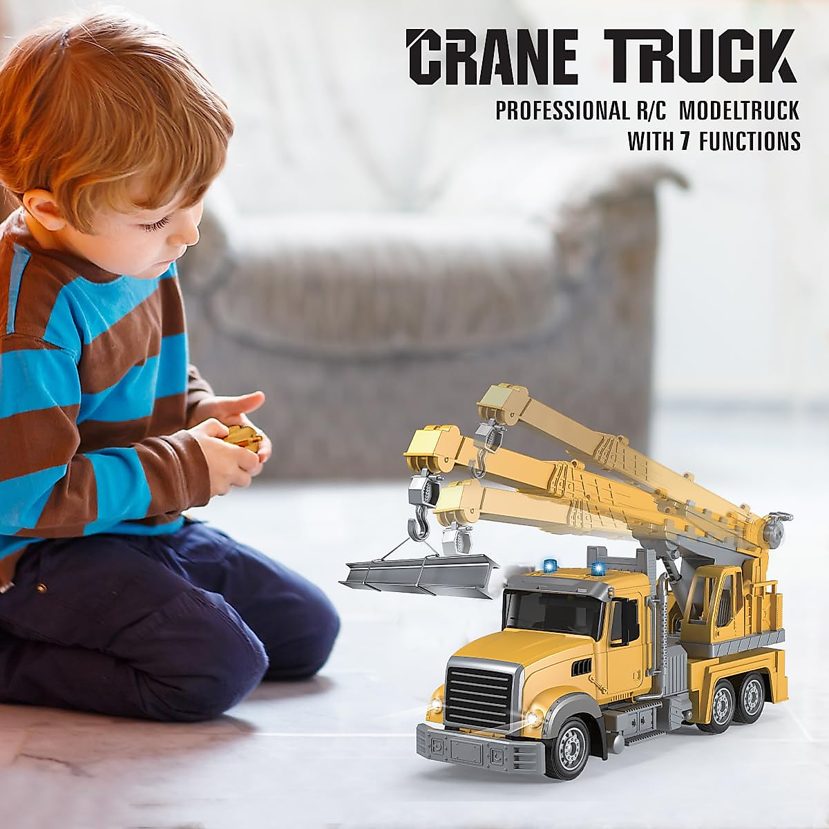 QuirkyGlee Remote Control Crane Truck Toy, RC Crane Truck 7 Channel 1:24 Construction Vehicles Toys，with One-Touch Lift Sounds & Lights, Two Rechargeable Batteries, Kids Cranes Toy for Boy Gift