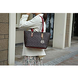 MKF Tote Shoulder Bag, Satchel Handbag for Women Set PU Leather Top Handle Purse, Gold-Tone Hardware Beige