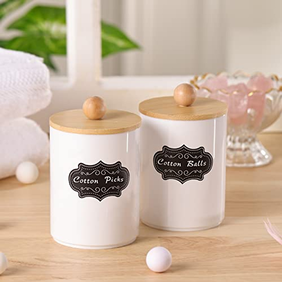 Fixwal Bamboo Bathroom Accessories Set of 8, Soap Dish Soap Dispenser Toothbrush Cup Toothbrush Holder Toilet Brush Trash Can and 2 Qtip Holders with Bamboo Lids(White)