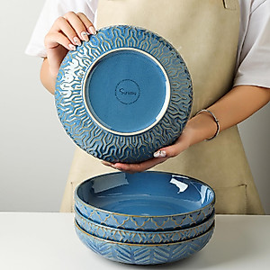 Sureasy Ceramic Pasta Bowls, 30oz Large Salad Bowl, 8.5 inch Embossed Serving Bowl for Kitchen, Wide and Shallow Plates Bowls Set of 4, Microwave, Oven and Dishwasher Safe, Gifts, Blue