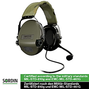 Sordin Supreme MIL CC Active Ear Defenders - Camo Band & Foam Kits - Nexus TP120 Downlead - Green Ear Muffs
