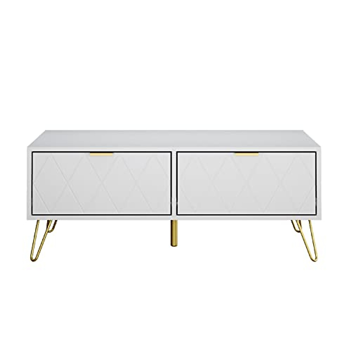 Scurrty 39.4'' Coffee Table with Large Drawers & 2 Open Storage Shelves, White Modern Coffee Tables with Gold Metal Handles for Living Room, Bedroom and Study (White)