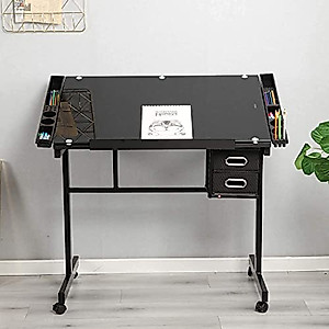 Need Adjustable Drafting Table with Tilted Tabletop, Art Table with 2 Storage Drawers for Writing Art Craft Work Station Black,UT-DT1033-BK-ND