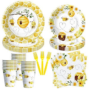 YJRJSC Bee Baby Shower Decorations Paper Plates And Napkins Party Supplies - Bee Birthday Party Decorations Tableware, Plate, Cup, Napkin, Fork, Bumble Theme Bee Day Decorations Dinnerware | Serves 24