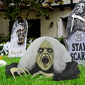 PREXTEX Zombie Halloween Decorations - Groundbreaker Gray Haired 66'' (5.5 feet) Zombie Skull with Posable Skeletal Hands - Best Decoration Prop for Garden, Lawn, Car, Indoor, Outdoor etc.