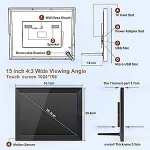 FULLJA WiFi Large Digital Photo Frame 15 inch - Smart Digital Picture Frame, 32GB, Motion Sensor, Full Function, Share Photos and Videos via App or Email, Unlimited Cloud Storage, Wall Mountable